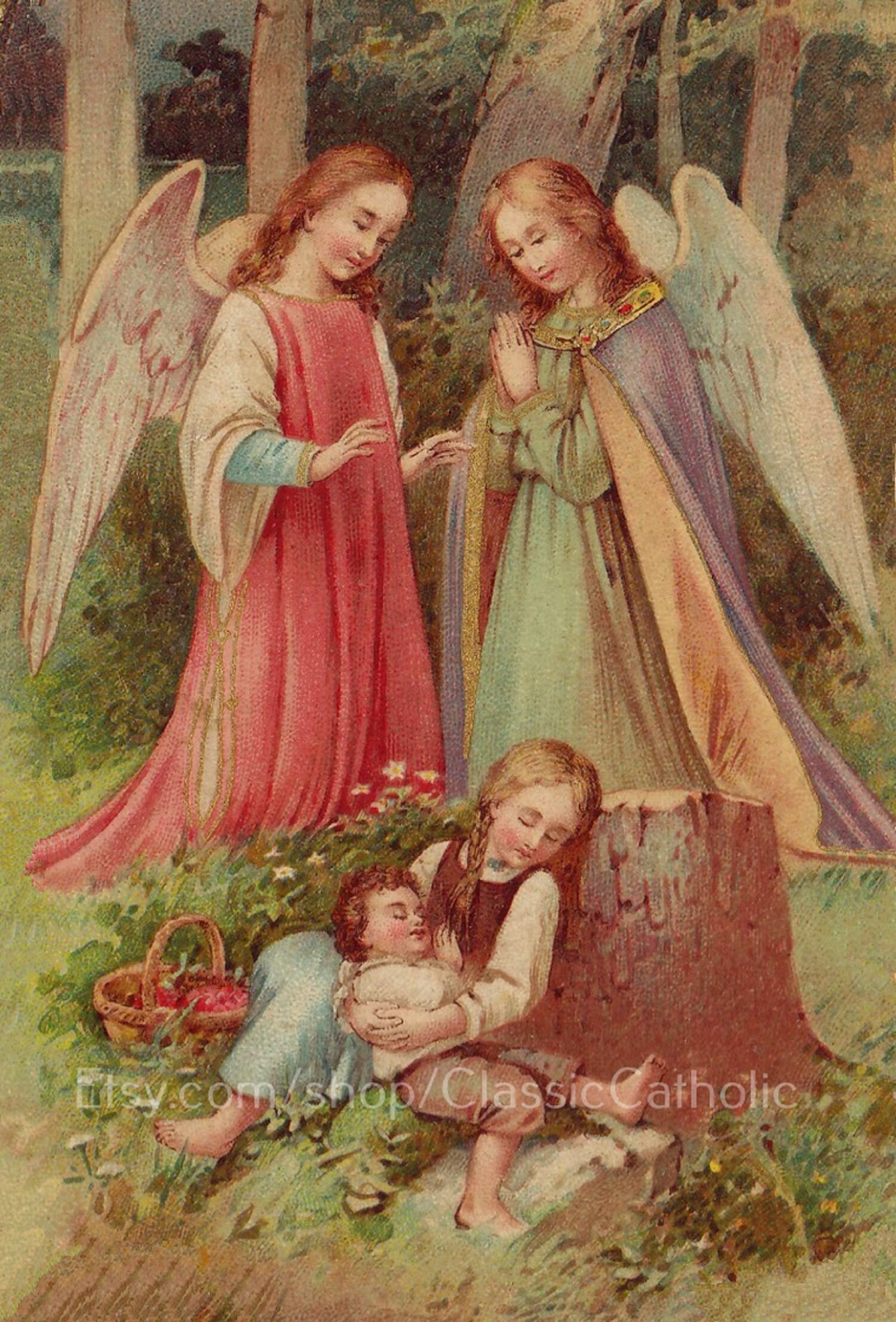 Guardian Angels – Based on a Vintage Holy Card – Cozy – Catholic Art ...