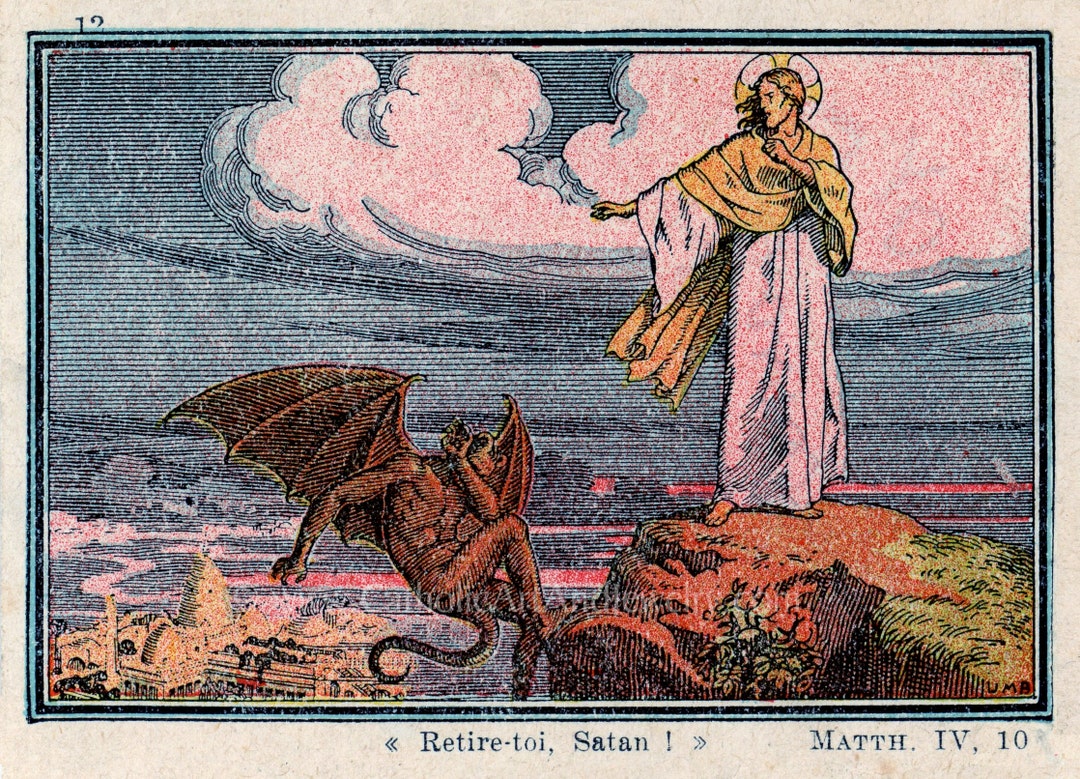 Begone Satan! – Jesus's Triumph Mathew 4:10 – Based on a Vintage French Holy Card – Catholic Art ...