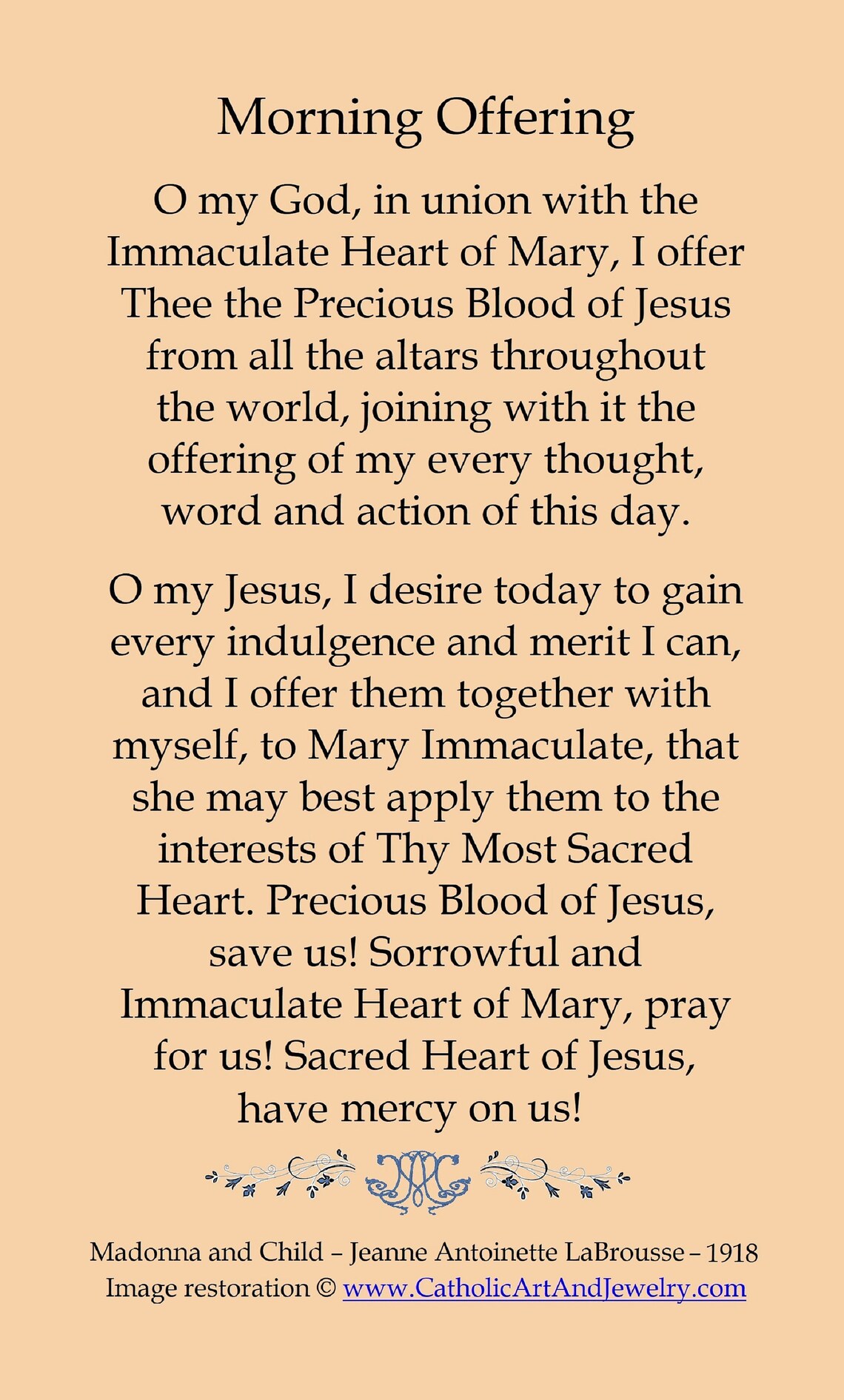 Morning Offering Holy Card – Pack of 10/100/1000 – Madonna and Child ...