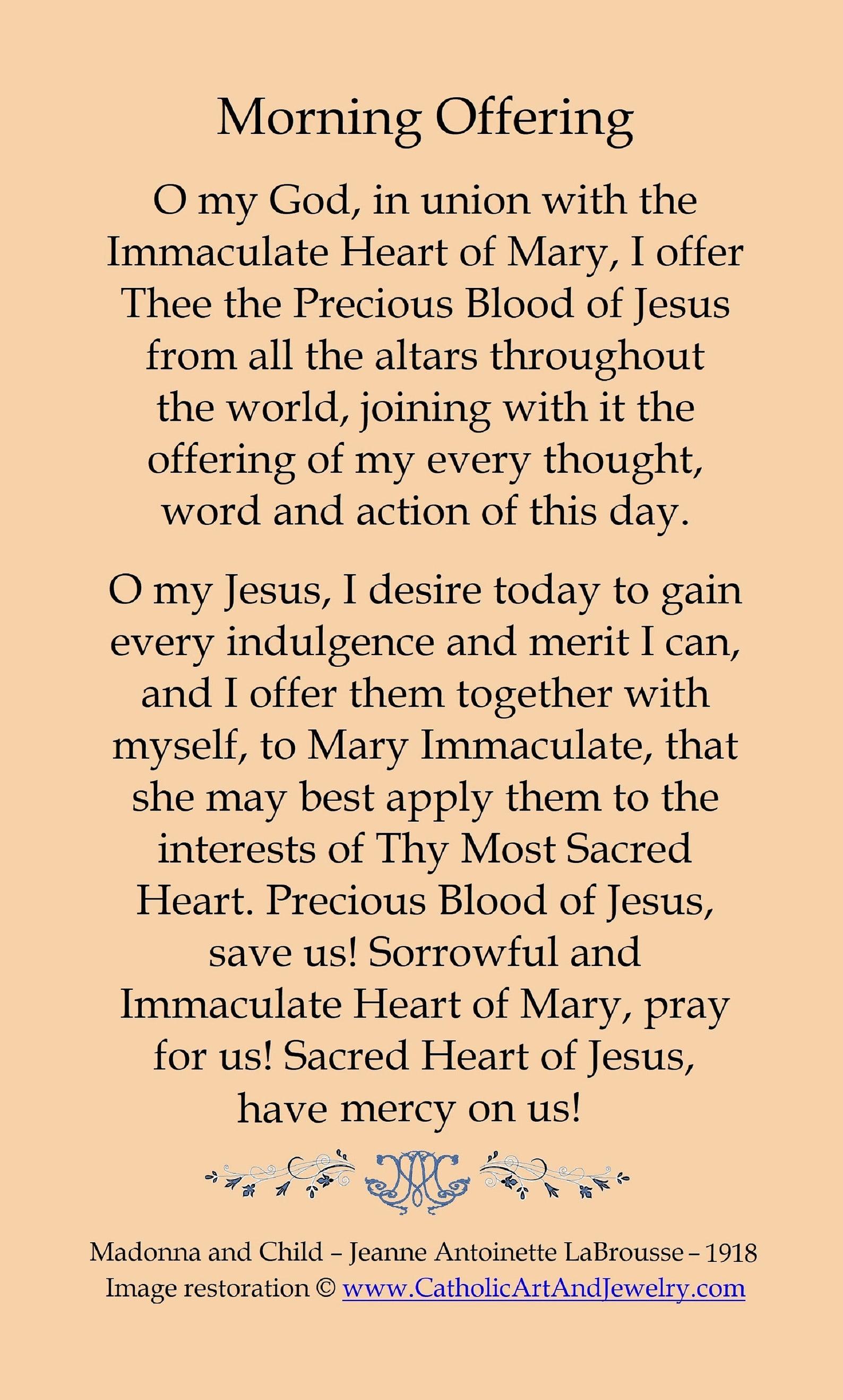 Morning Offering Holy Card – Pack of 10/100/1000 – Madonna and Child ...
