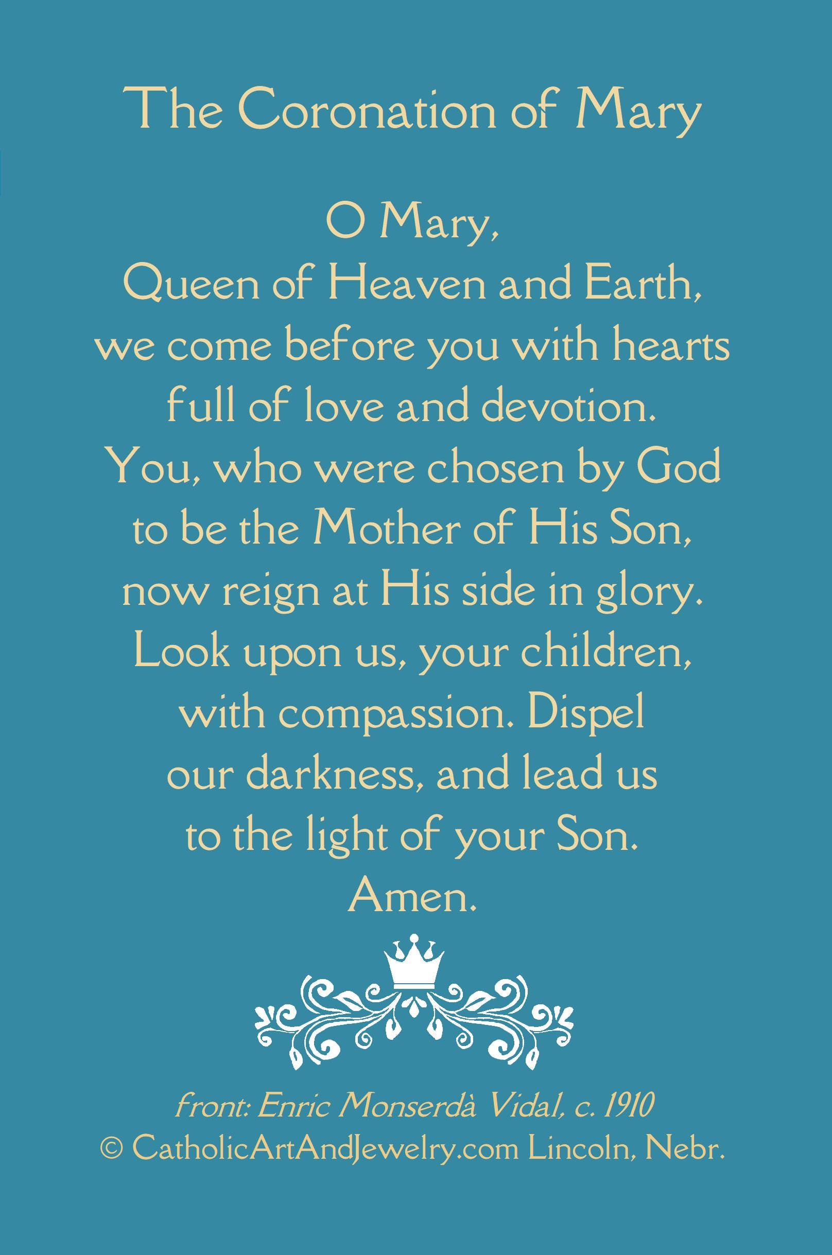 New! Crowning of Mary Holy Card – Prayer to the Queen of Heaven – Enric ...