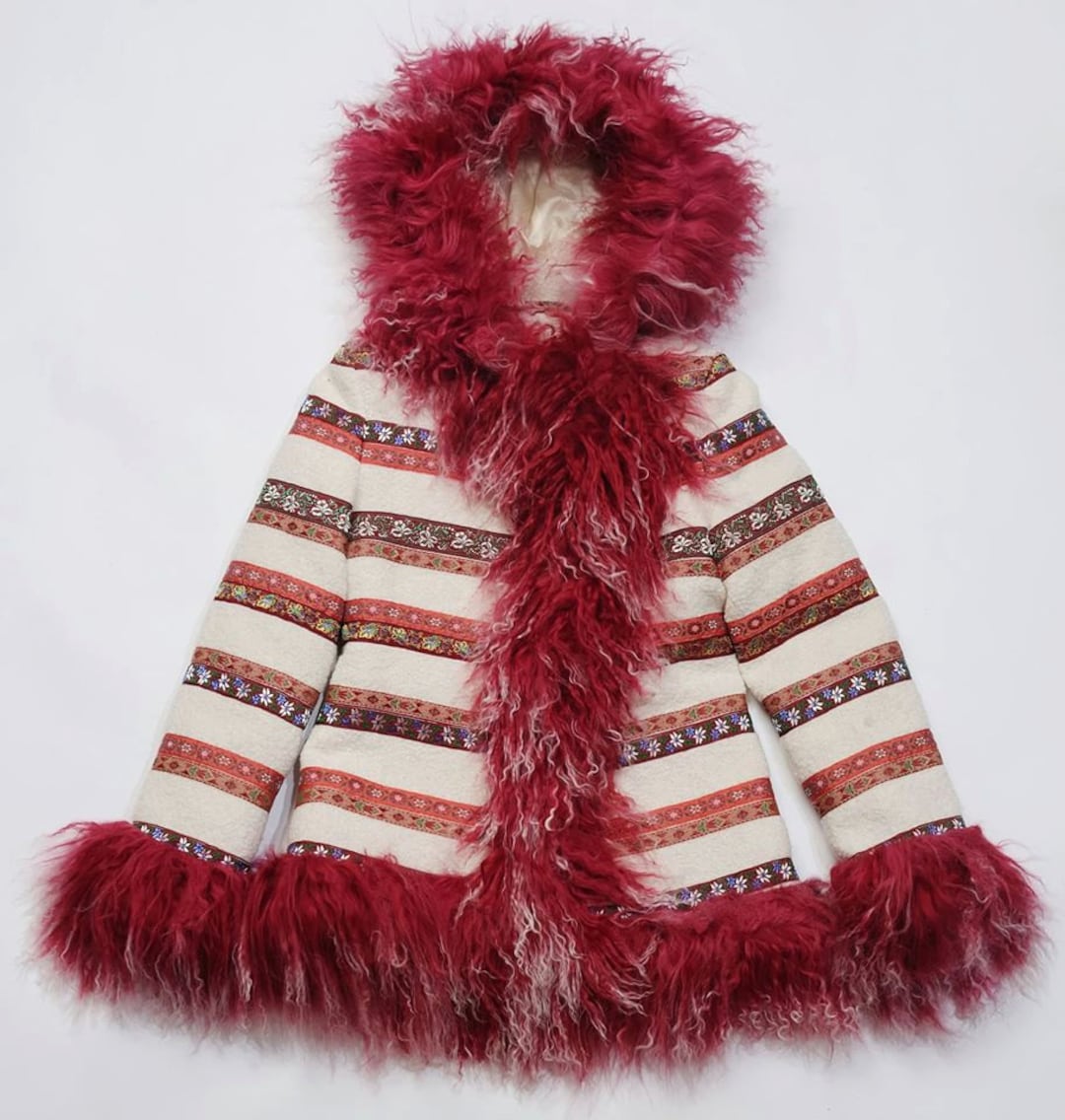 Hooded Wool Coat Jacket With Fur and Ribbon Trim Viscose Lining Size M ...