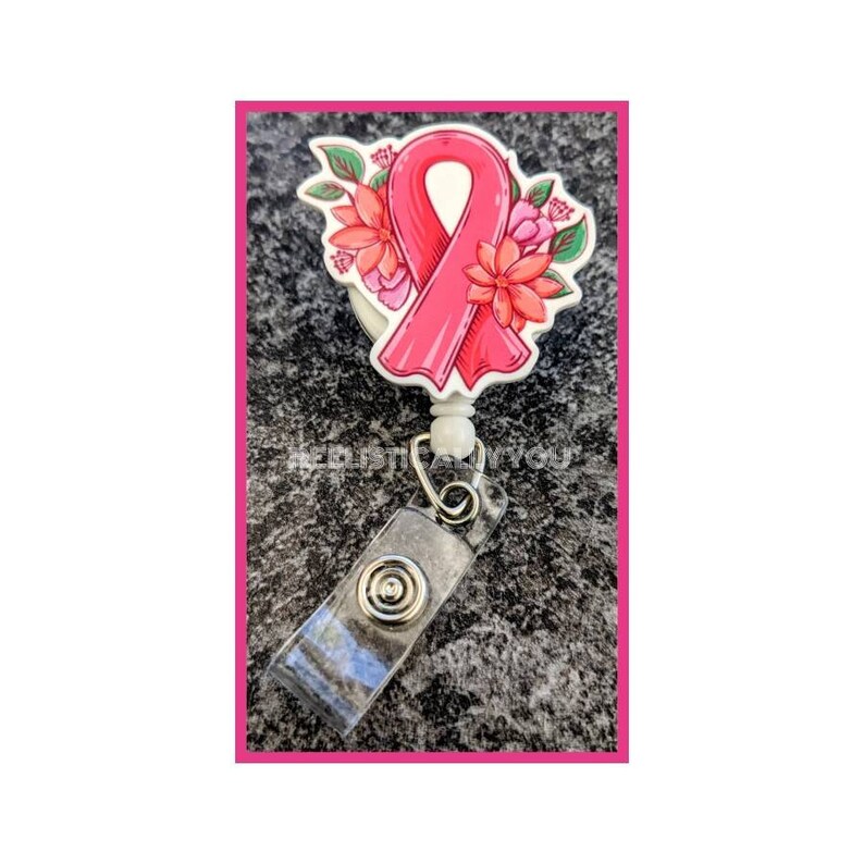 Badge Reel Badge Holder Breast Cancer Awareness Lanyard Floral Ribbon ...
