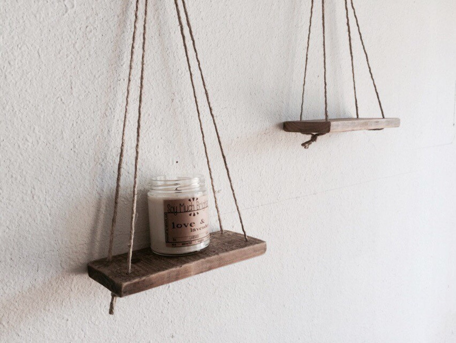 2 Small Swing Shelves Reclaimed Wood Set of Two Suspended Shelf Rope ...