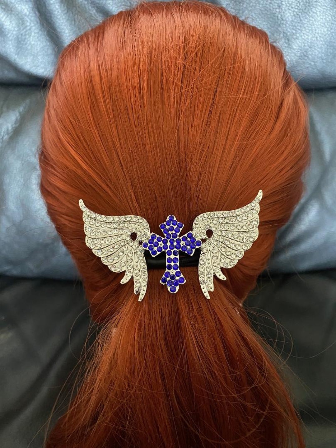 New 3 Inch Wide Electric Blue Cross & Wings Hair Tie! by Rhinestone ...