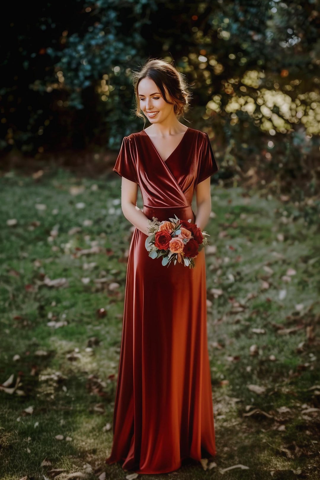 Burnt Orange Short Sleeves Velvet Bridesmaid Maxi Dress for Autumn and ...
