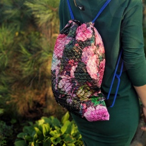 Colorful Waterproof Backpack With Floral Print, Quilted Bag With Drawstring, Spring Gift for Her ...