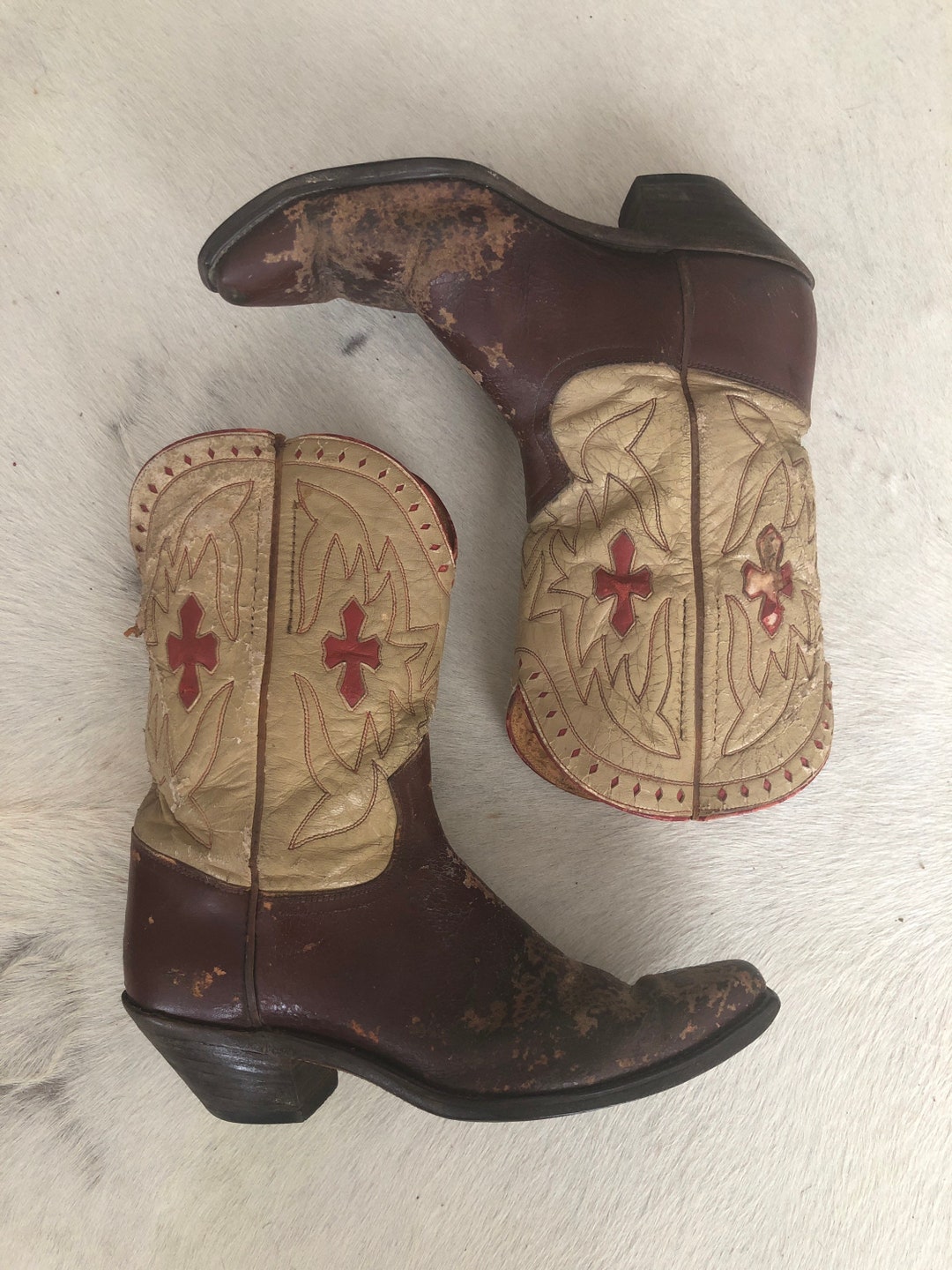 Rare Design Vintage Leather Cowboy Boots - Etsy