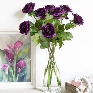 10 Stems Real Touch Plum Purple Roses Silk Artificial Flowers ‘petals ...