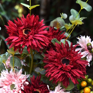 Firebrick Red Spider Gerbera Daisies, Silk Artificial Flowers (6 Stems ...