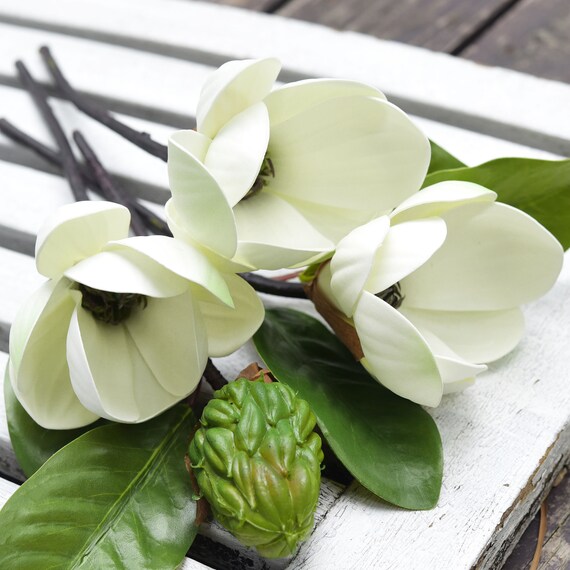 Fiveseasonstuff Purity White Magnolia Artificial Flowers Arrangement With 4 Stems Wedding Bridesmaids Bouquet Bridal Showers Home Decor Etsy UK