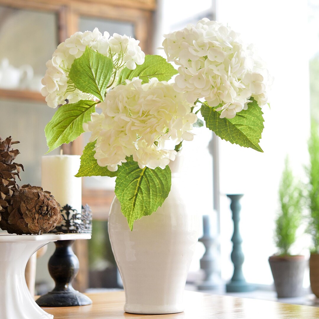 Real Touch Artificial White Hydrangea Stems – Lifelike Silk Flowers for ...