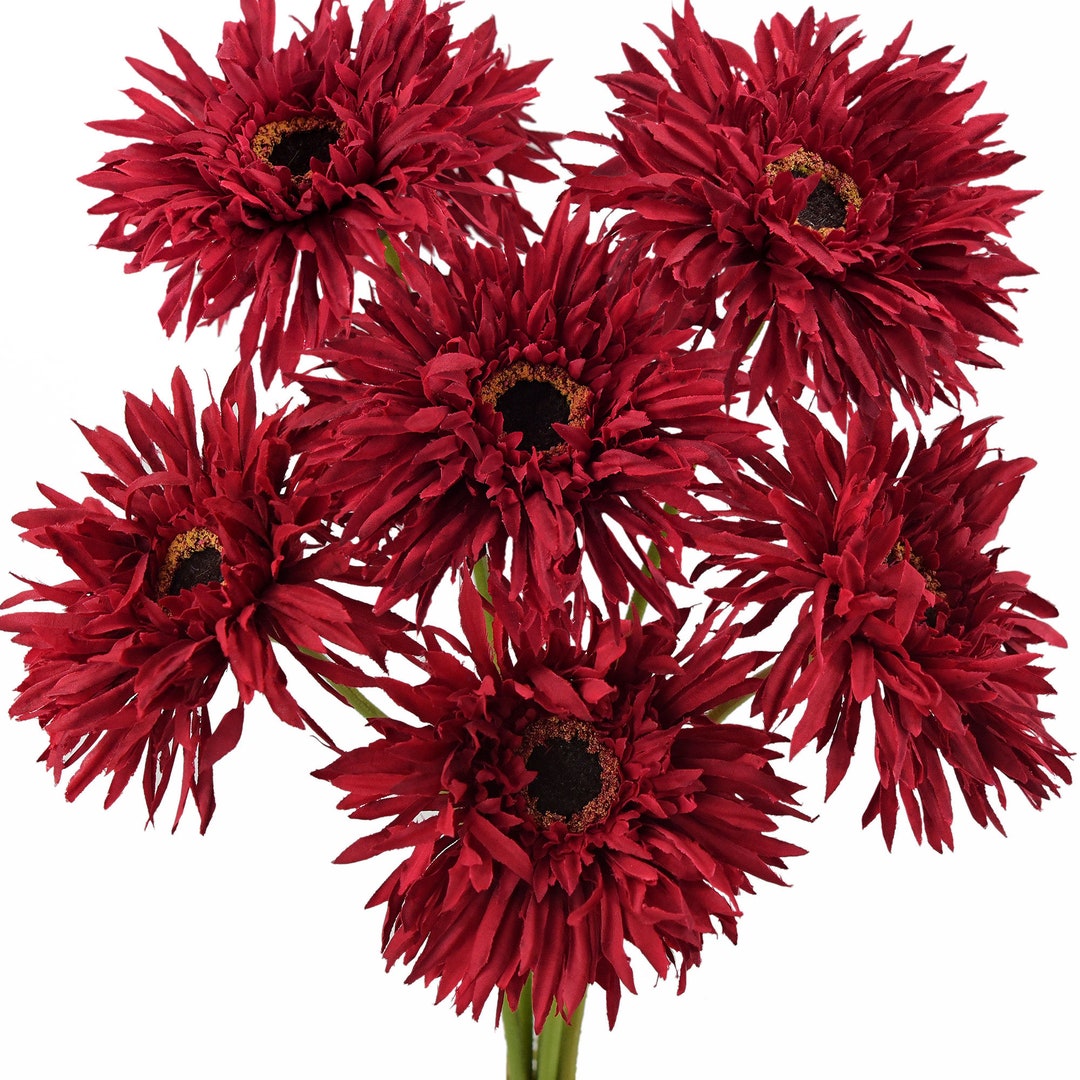 Firebrick Red Spider Gerbera Daisies, Silk Artificial Flowers (6 Stems ...