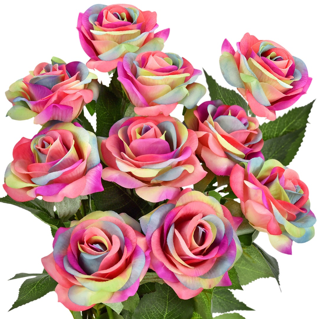 10 Stems Real Touch Rainbow Multicolored Roses Silk Artificial Flowers ...