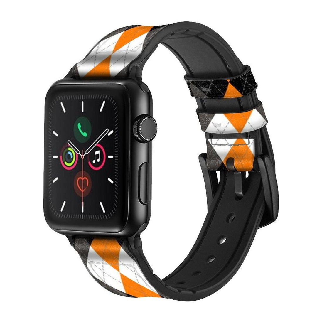 Black Orange White Argyle Plaid Leather & Silicone Smart Watch Band ...