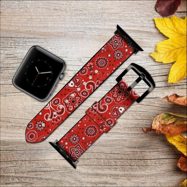 Red Classic Bandana Leather & Silicone Smart Watch Band Strap - Etsy