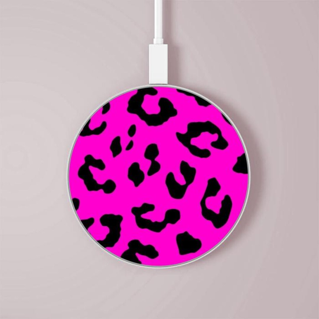 Pink Leopard Pattern Wireless Charger Pad 15W Type-c iPhone Android LED ...