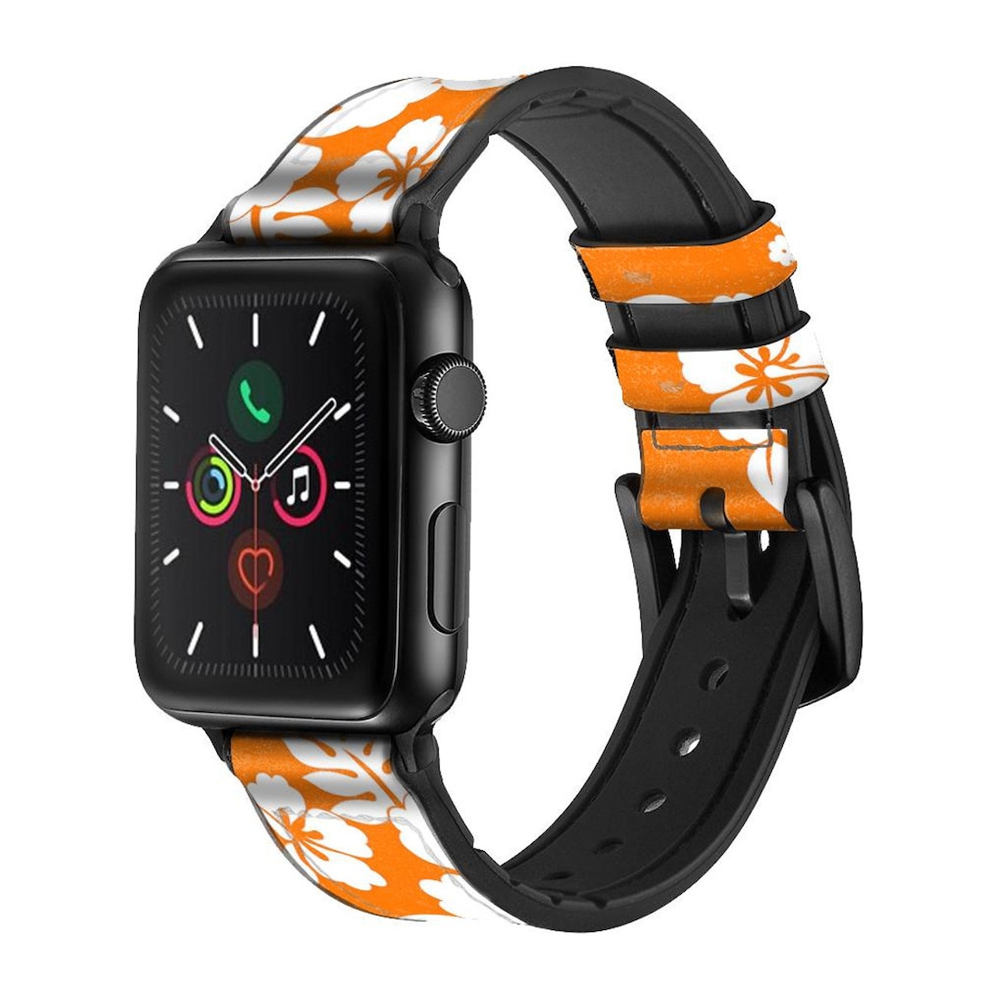 Hawaiian Hibiscus Orange Pattern Leather & Silicone Smart Watch Band ...