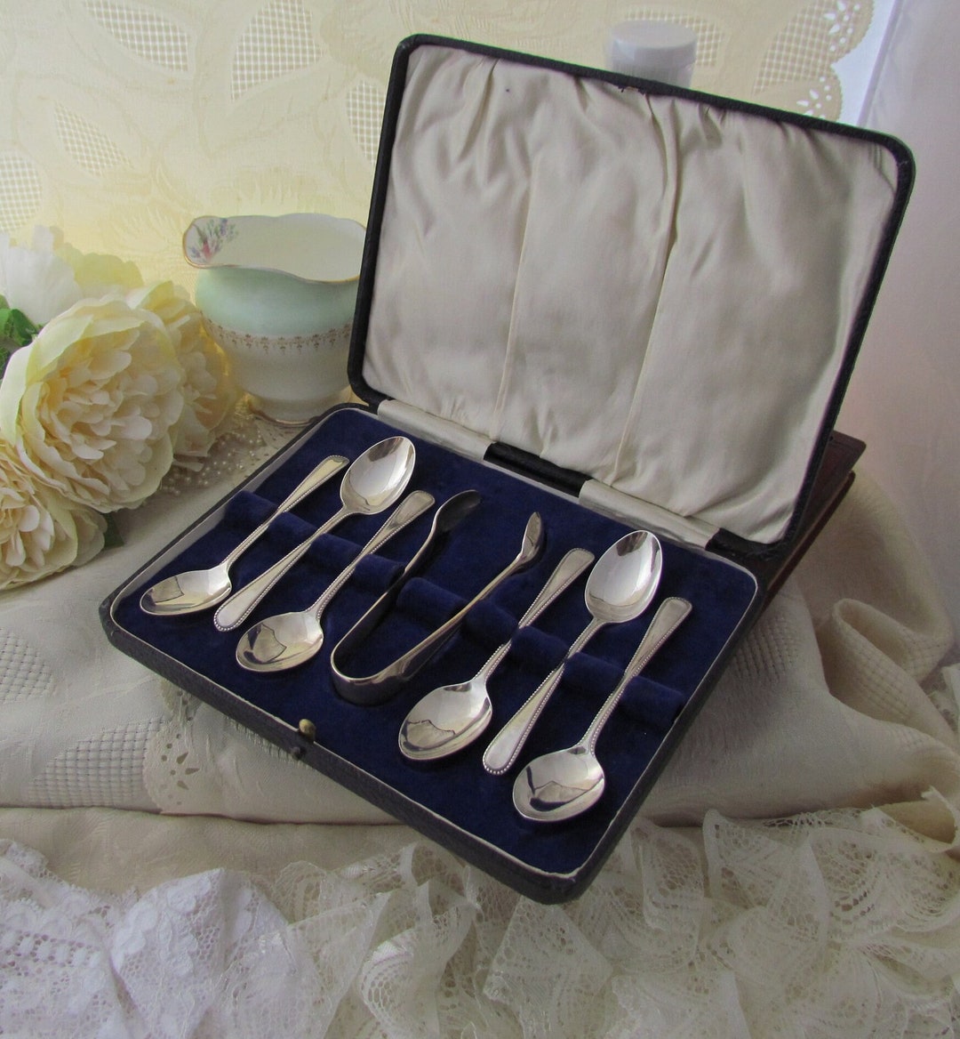 Vintage Cased Set of 6 Silver Plated Teaspoons With Matching Sugar ...