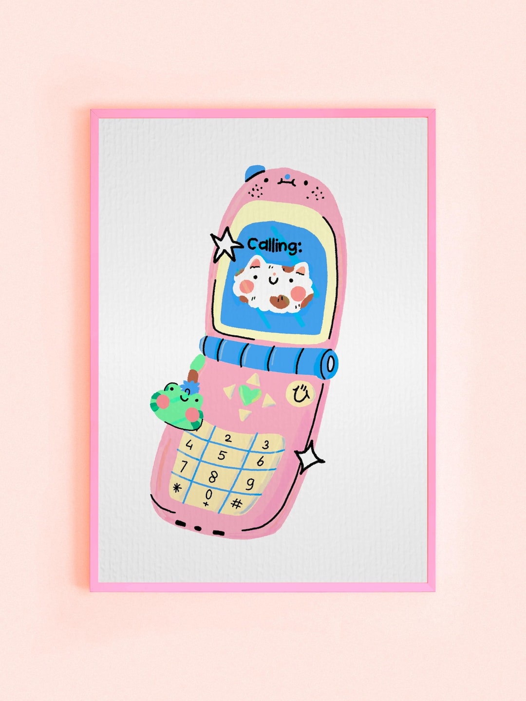 Cat Flip Phone Art Print | A5 Illustration | Cute Cat Calling Decor for ...