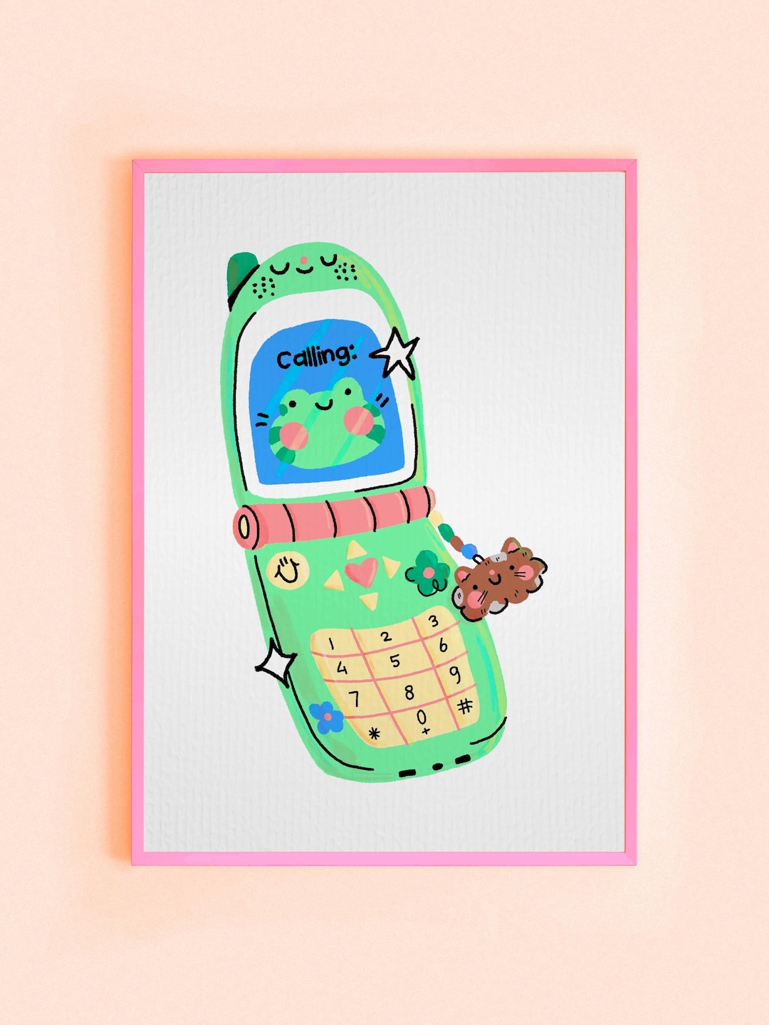 Frog Flip Phone Art Print | A5 Illustration | Cute Frog Calling Decor ...