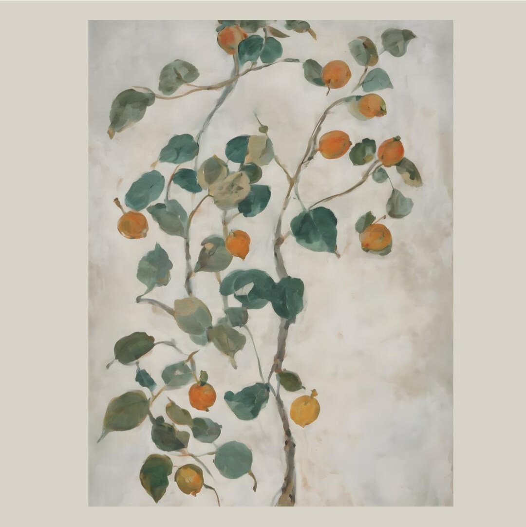 Botanical Fruit Branch Art Print, Minimal Nature Wall Art, Soft Green ...