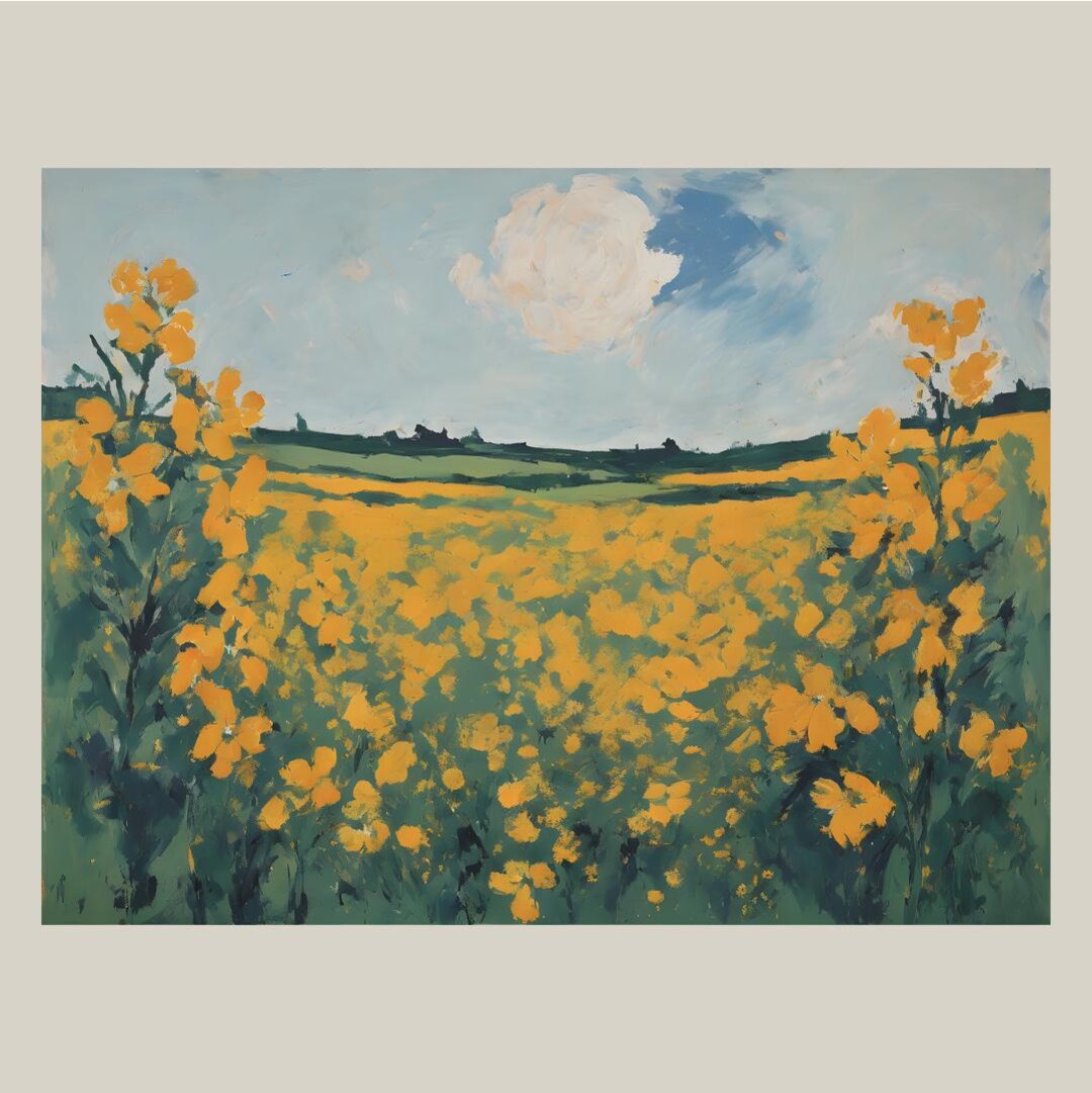 Yellow Flower Field Art Print, Countryside Landscape Painting ...