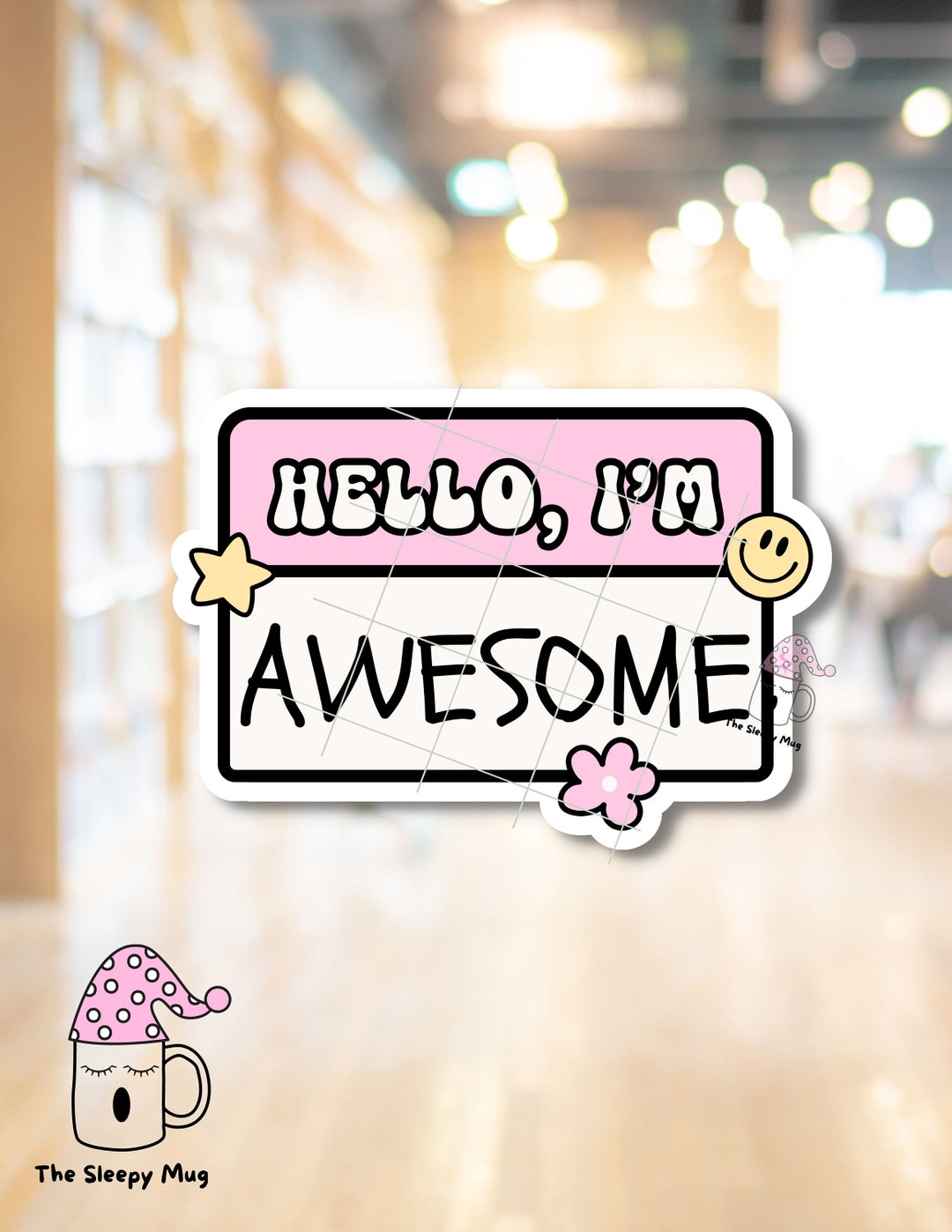 Hello, I'm Awesome STICKER Name Tag Pink Mental Health Self Talk Coping ...