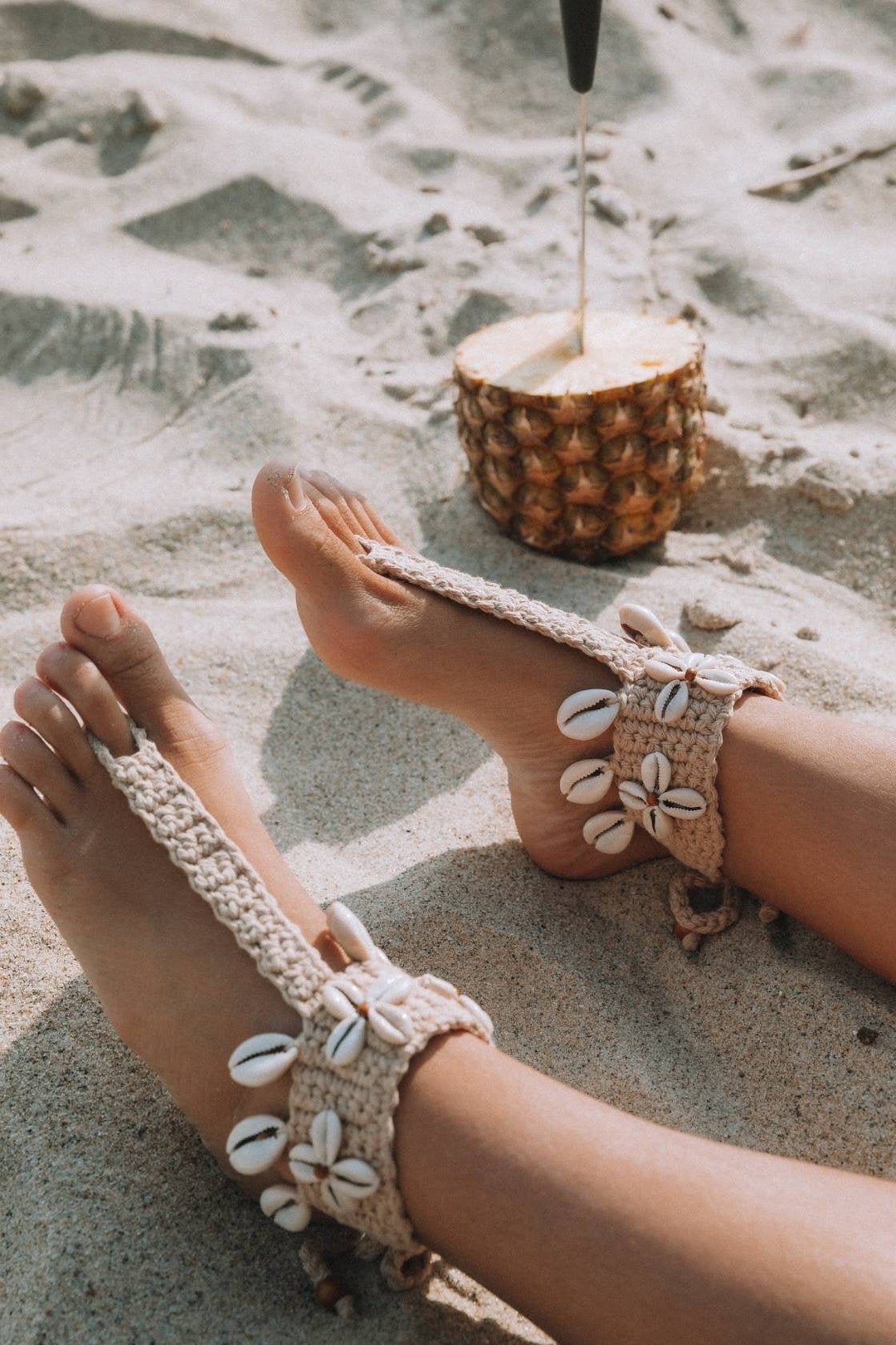 Cowrie Shell Flower Barefoot Sandals in Beige - Etsy