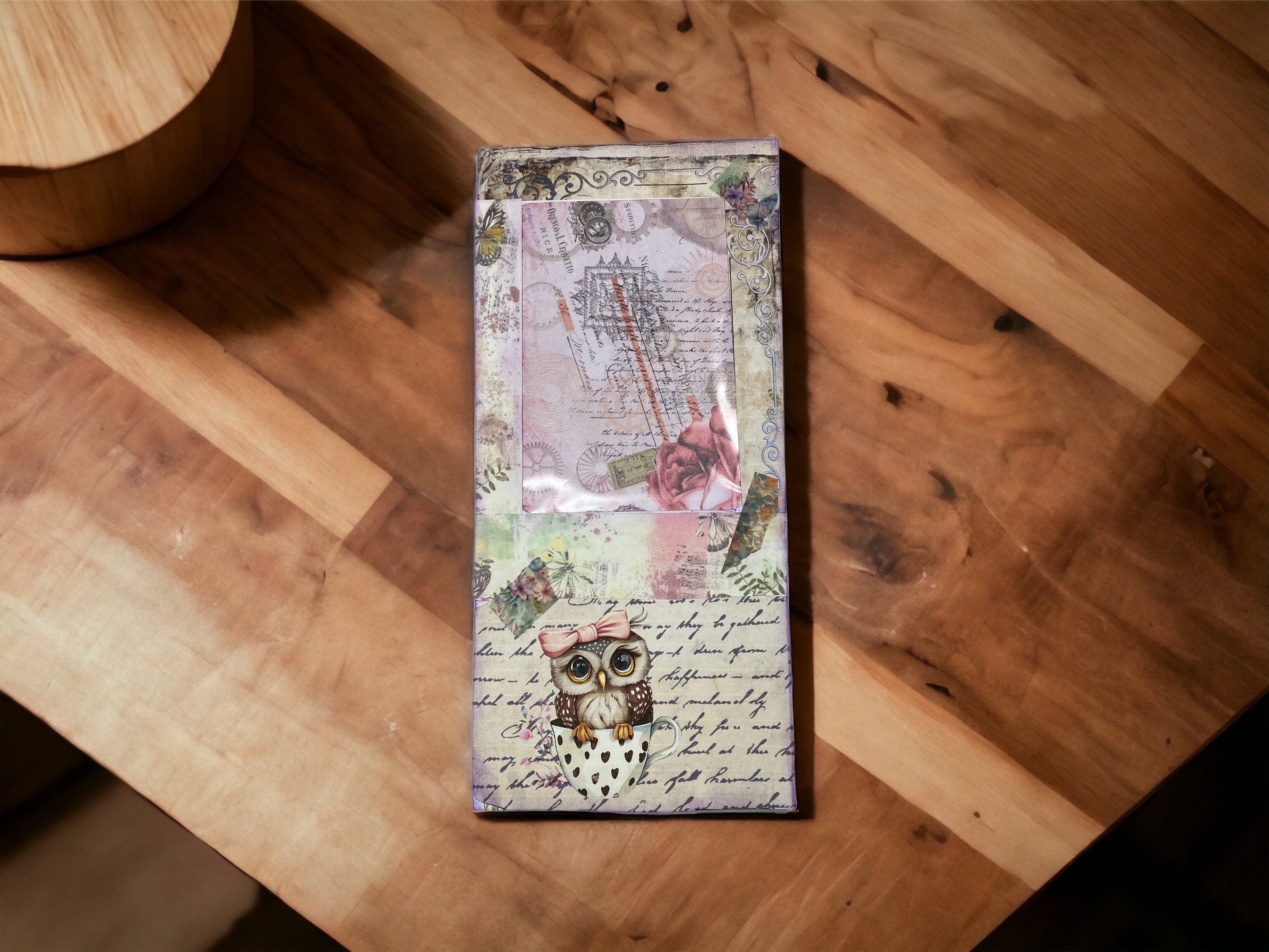 Envelope Owl in A Teacup Collaged Pink Envelope With Large Window ...