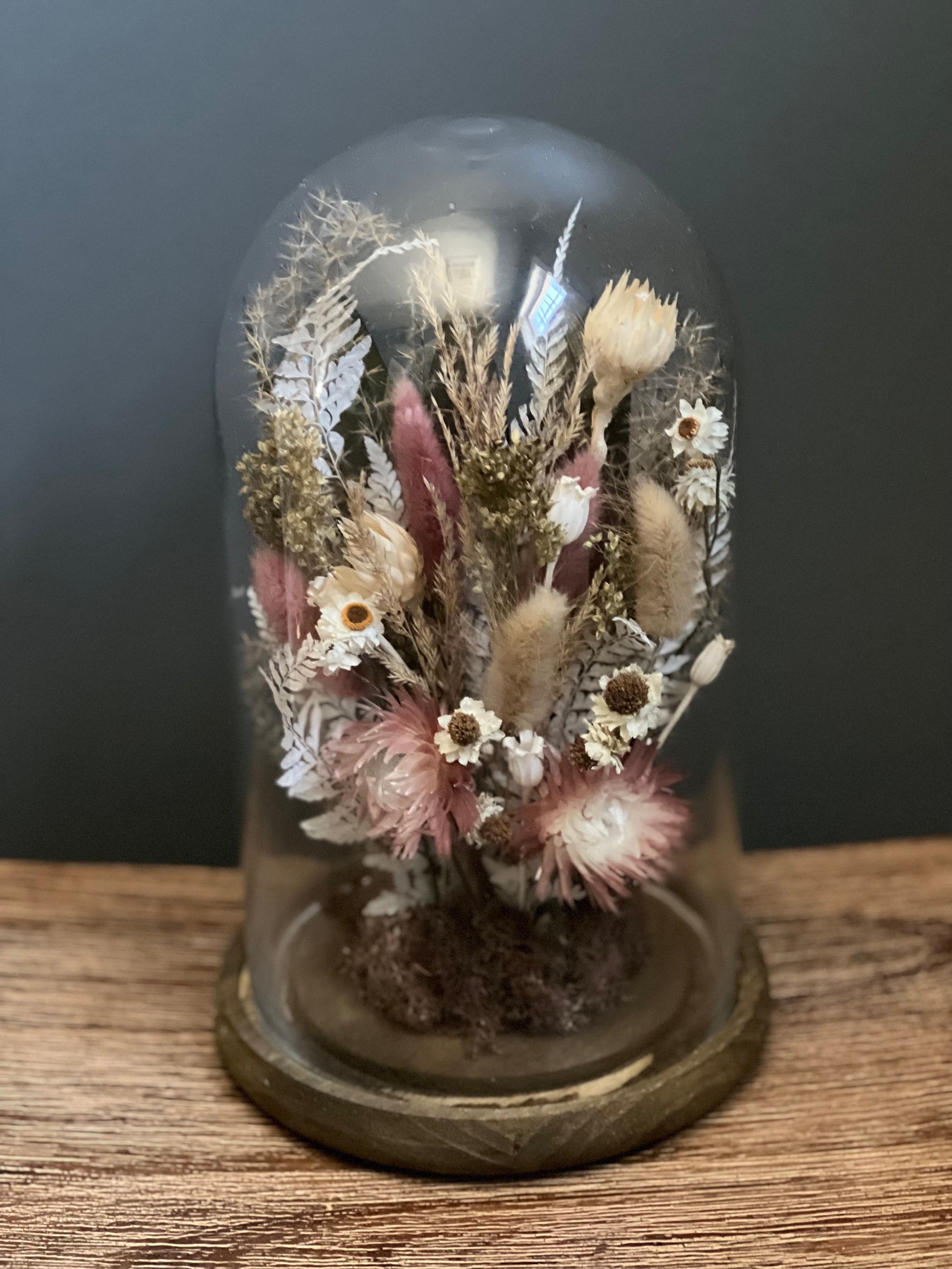 Customizable Dried Floral Glass Cloche: Pink & Green Bouquet - Etsy