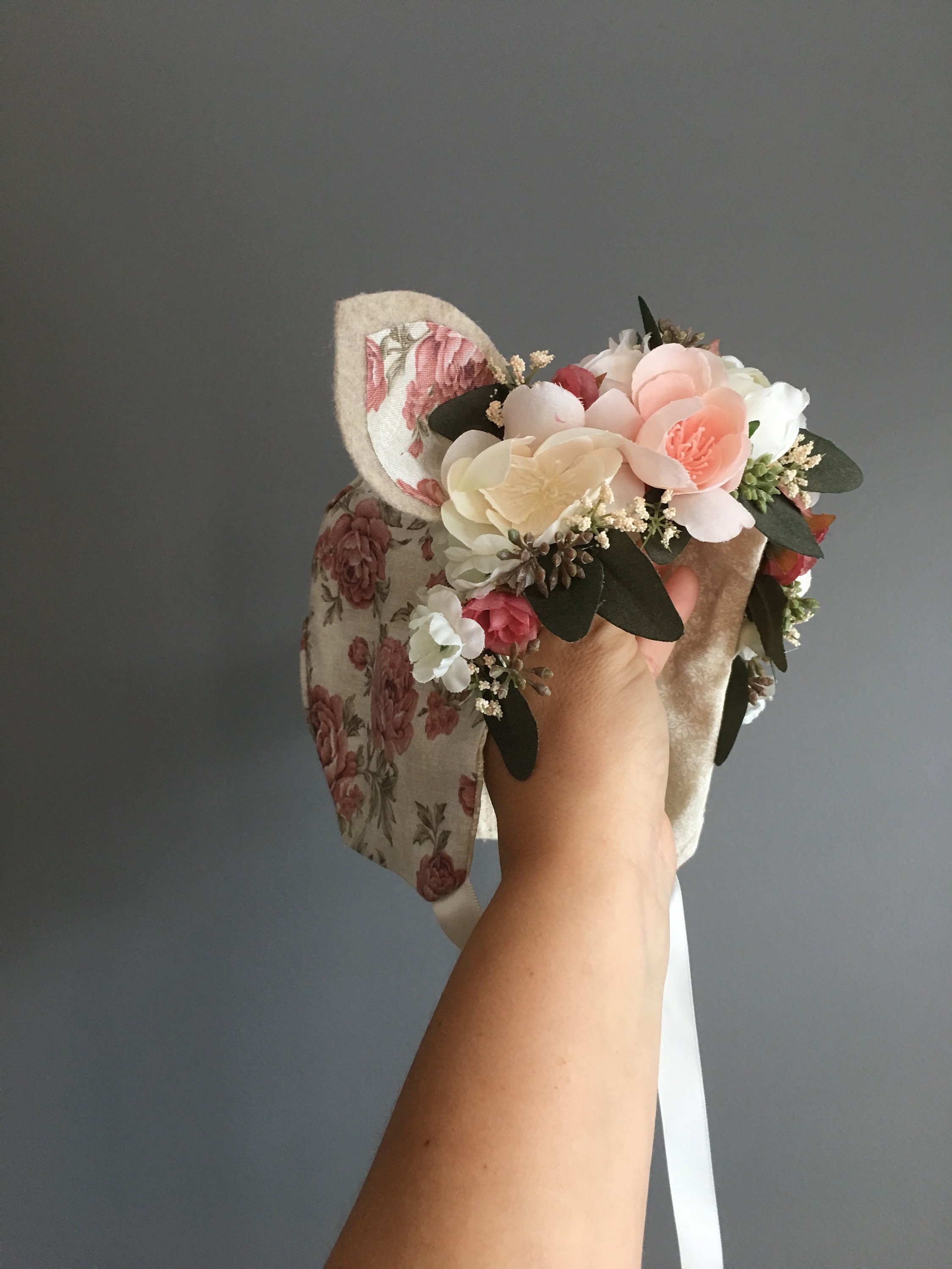 Ready to Ship Flower Crown Bonnet with ears, Fawn Floral Bonnet, Baby ...