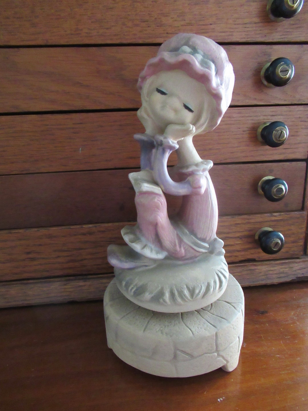Porcelain Figurine Music Box UCTCI Signed Japan Girl Pink Dress. Rare ...