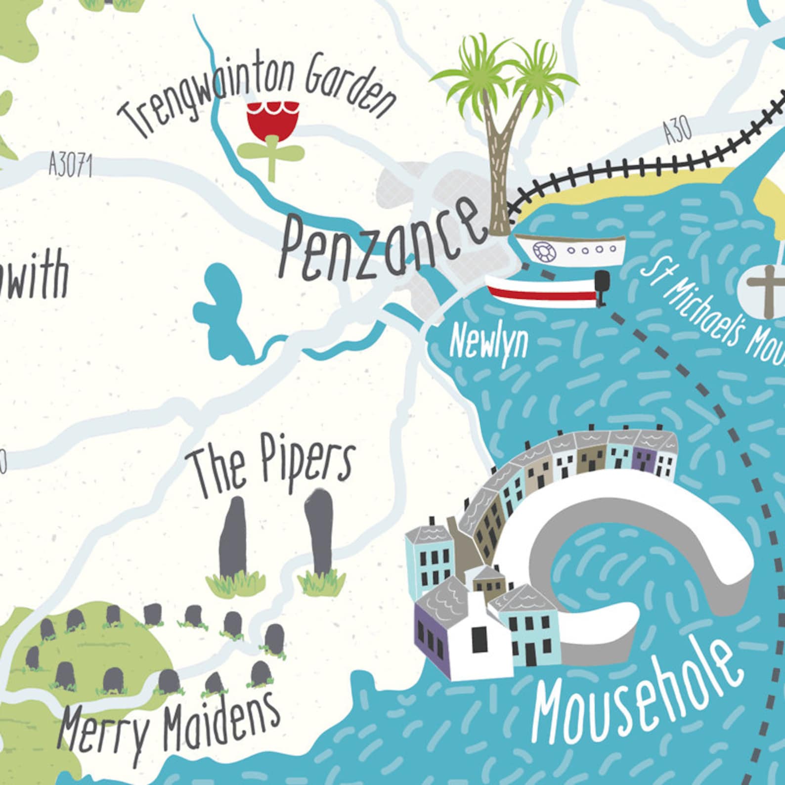 Illustrated Map of Cornwall - Penzance - Surfing - St Ives - Hand-drawn ...