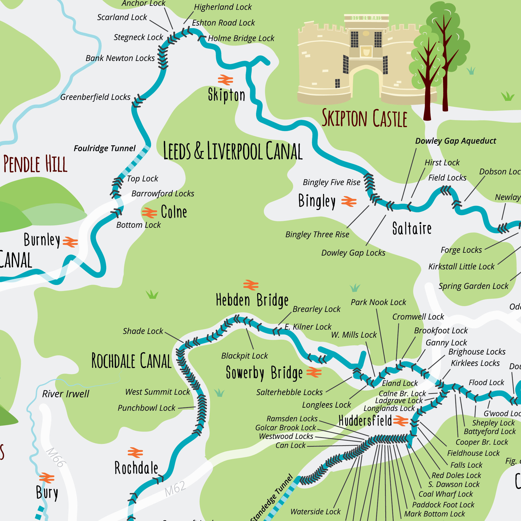 A4 Northern England Waterways Network Map - Northern Canal Map Print ...