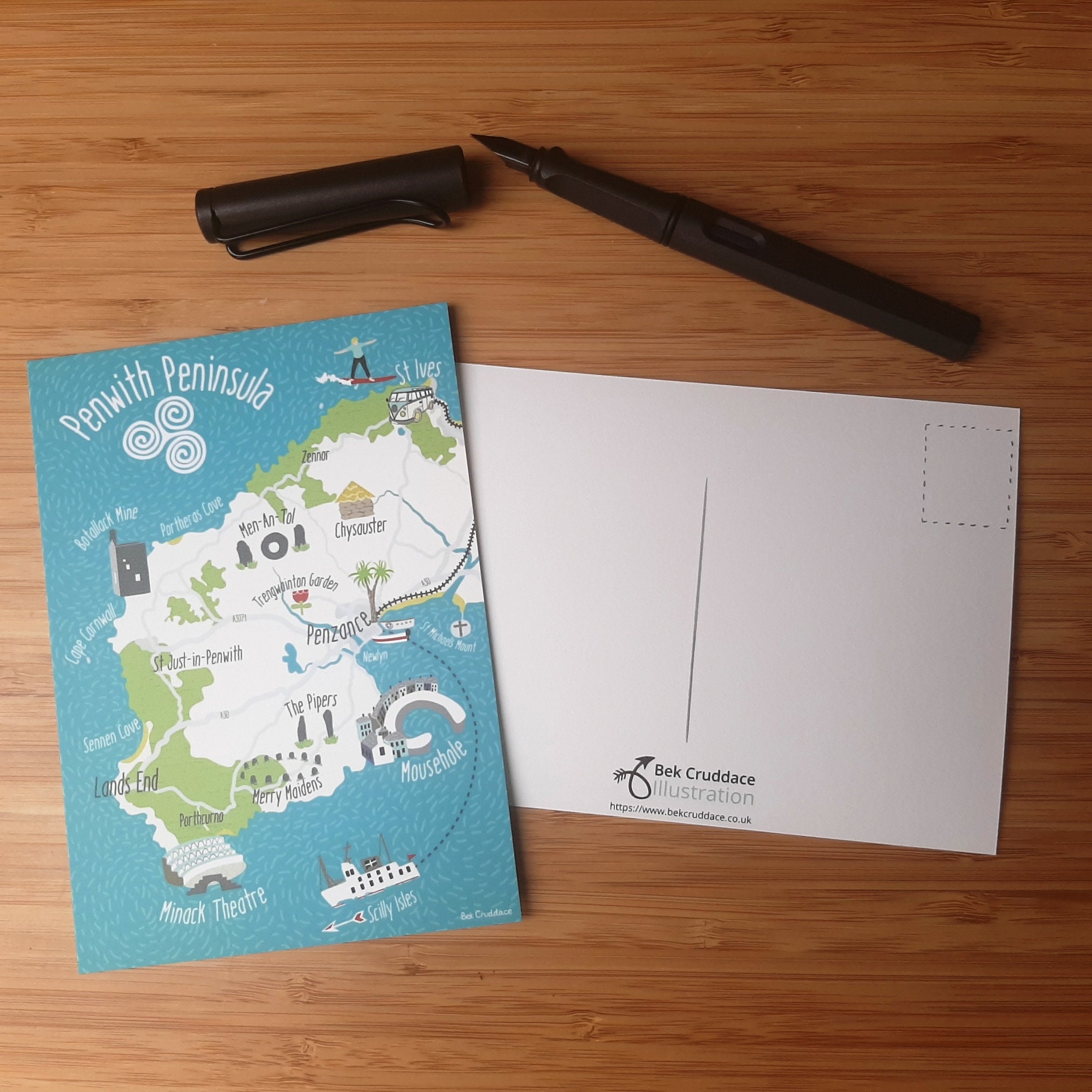 Illustrated Map of Cornwall Postcard - Penzance Postcard - Surfing ...