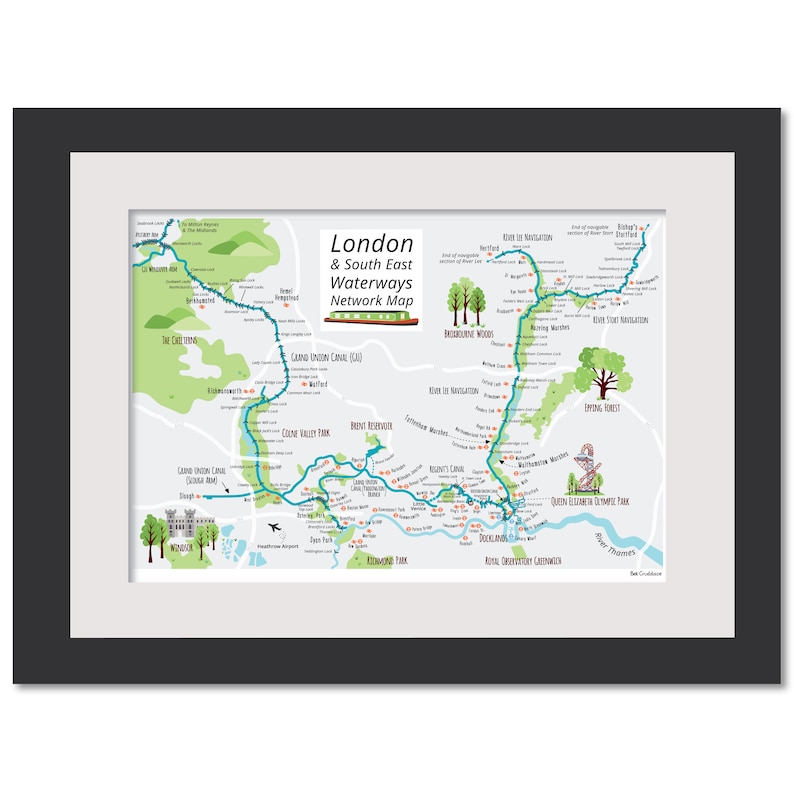 London and South East Waterways Network Map-a3-a4 Illustrated Canal Map ...