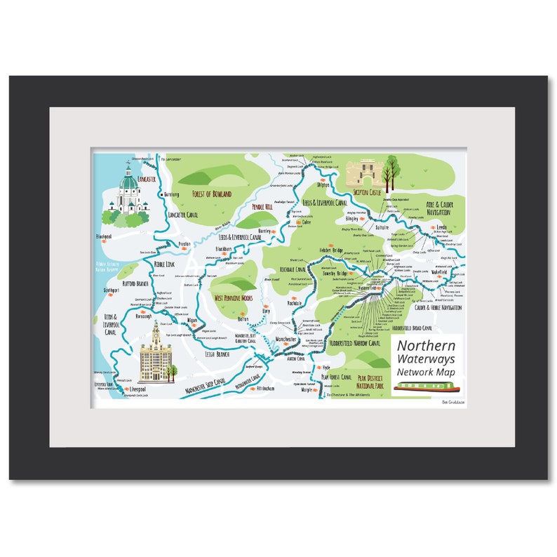 A4 Northern England Waterways Network Map - Northern Canal Map Print ...