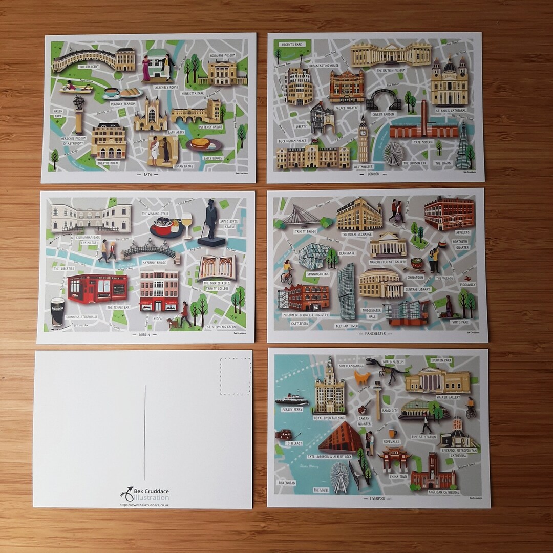 Set of 5 Illustrated City Map Postcards - Dublin Postcard - Liverpool ...