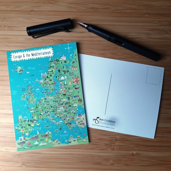 Illustrated Map of Europe Postcard Hand-drawn Map Postcard - Etsy