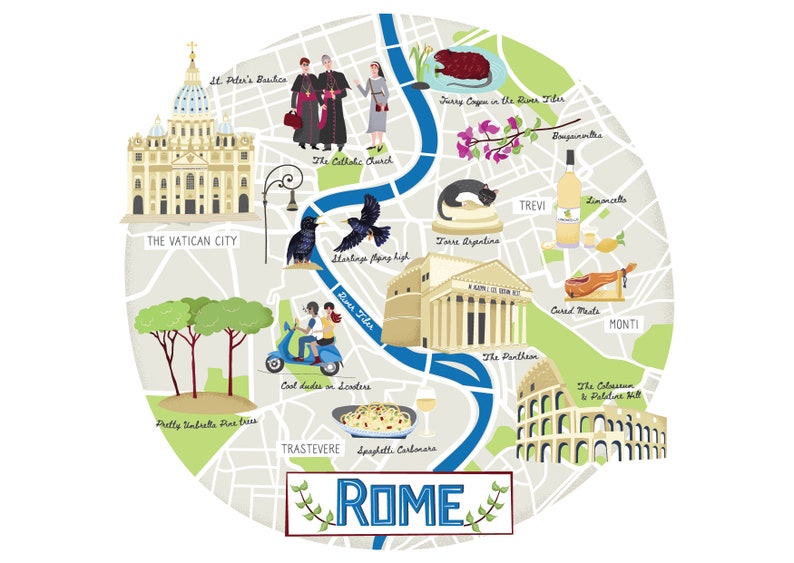 Illustrated Map Rome - Hand-drawn Map Postcard - Italy Postcard ...