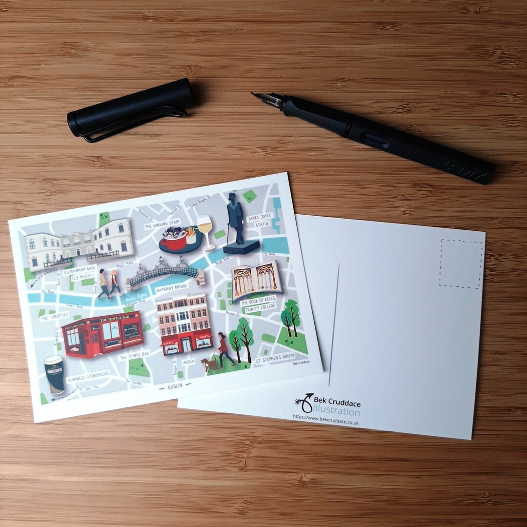 Illustrated Map Dublin Postcard - Ireland Postcard - Map Postcard ...