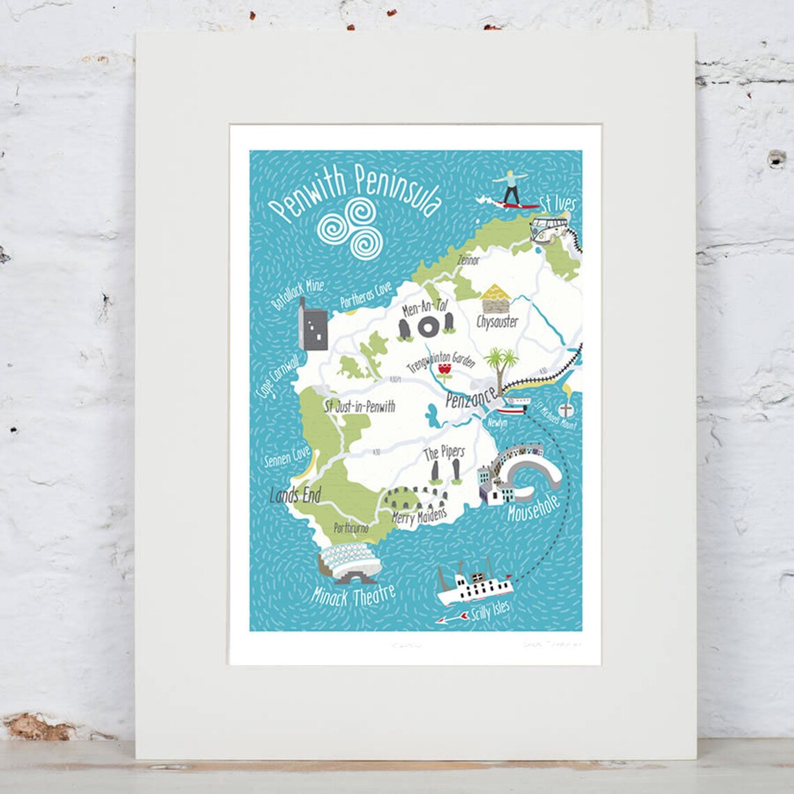 Illustrated Map of Cornwall - Penzance - Surfing - St Ives - Hand-drawn ...