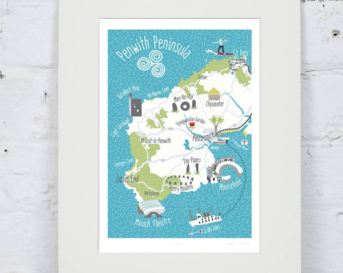 Illustrated Map of Cornwall - Penzance - Surfing - St Ives - Hand-drawn ...