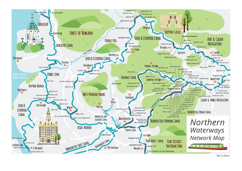 A4 Northern England Waterways Network Map - Northern Canal Map Print ...
