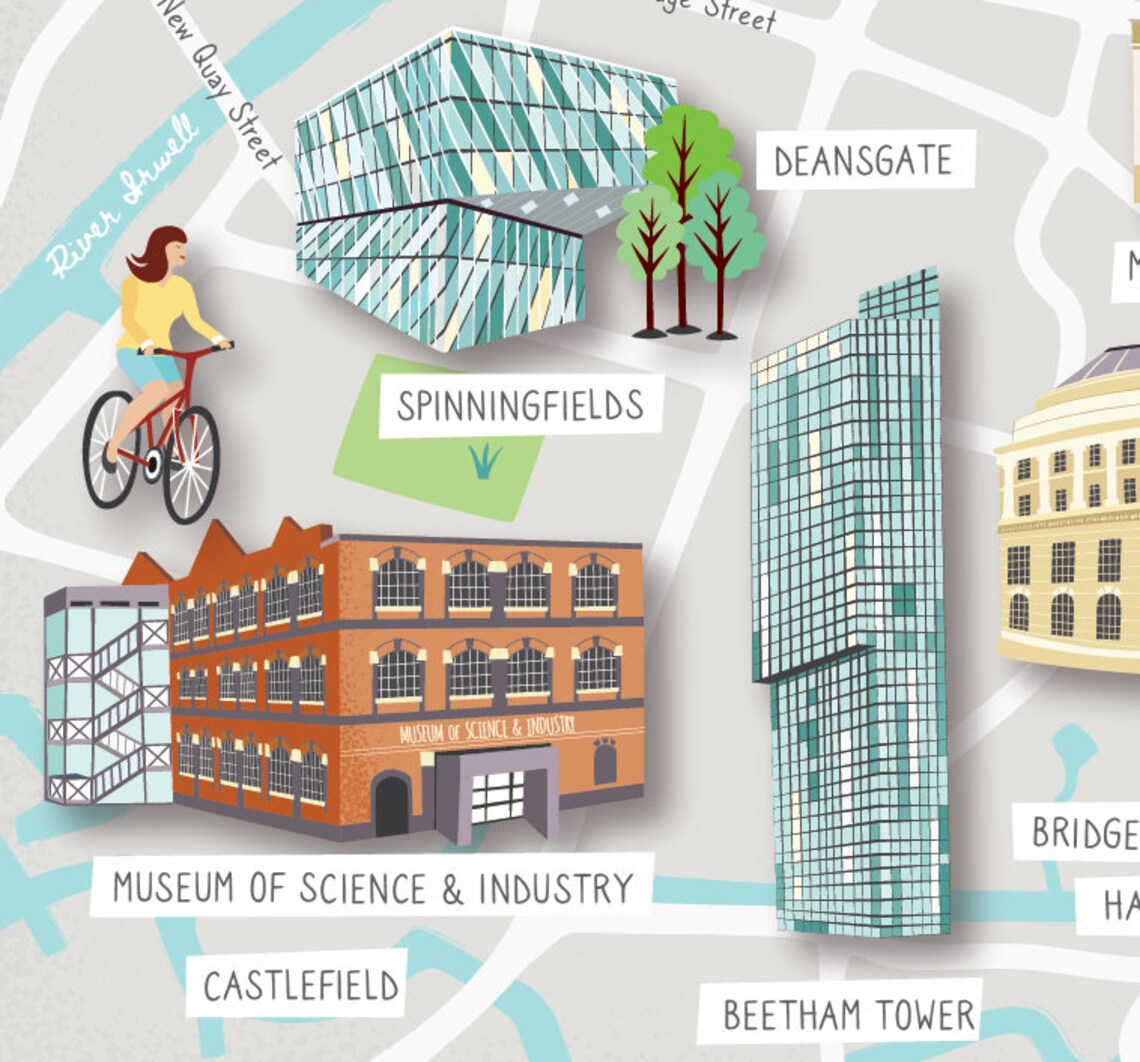 Illustrated Map Manchester England A4 Hand-drawn Map - Etsy