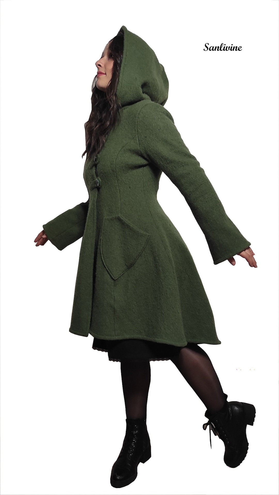 Green Virgin Wool Coat Size 38 Large Fairy Coat Elven Hood Model ...