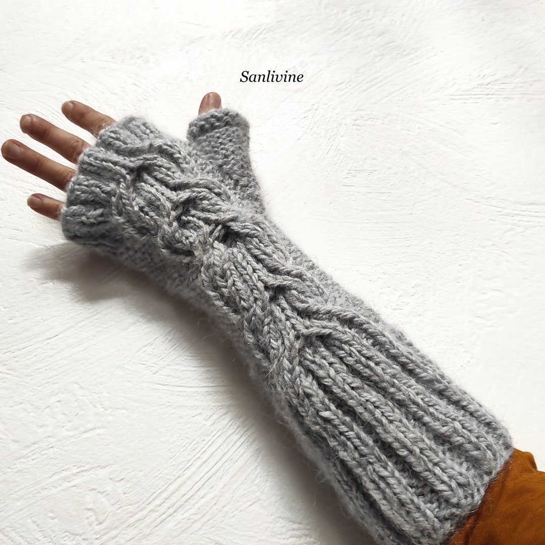 Long Mittens With Thumb in Cable Knit Hand-knitted Alpaca Figerless ...