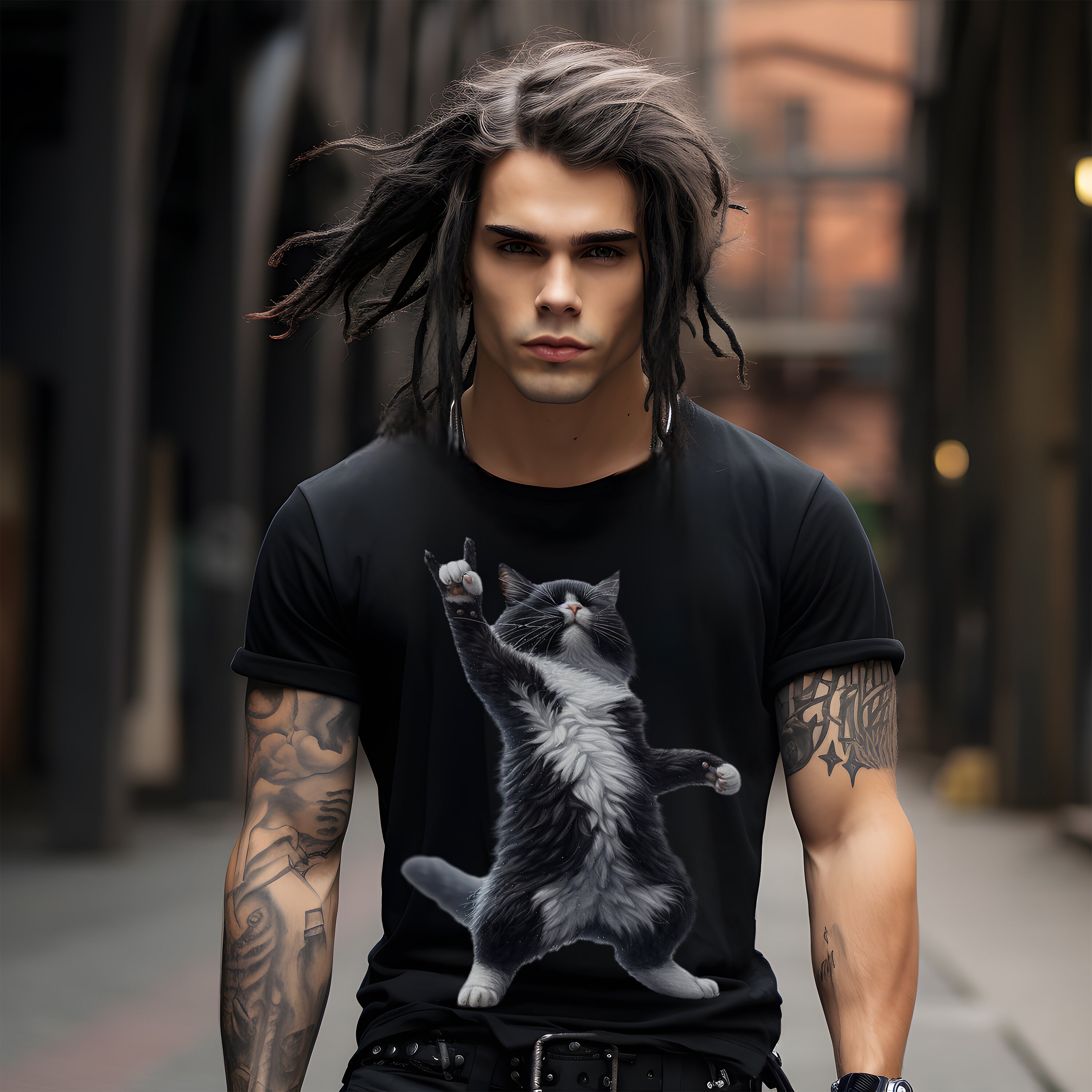 Metalhead Tuxedo Cat Showing Metal Horns Gesture, Funny Meme Cat T ...