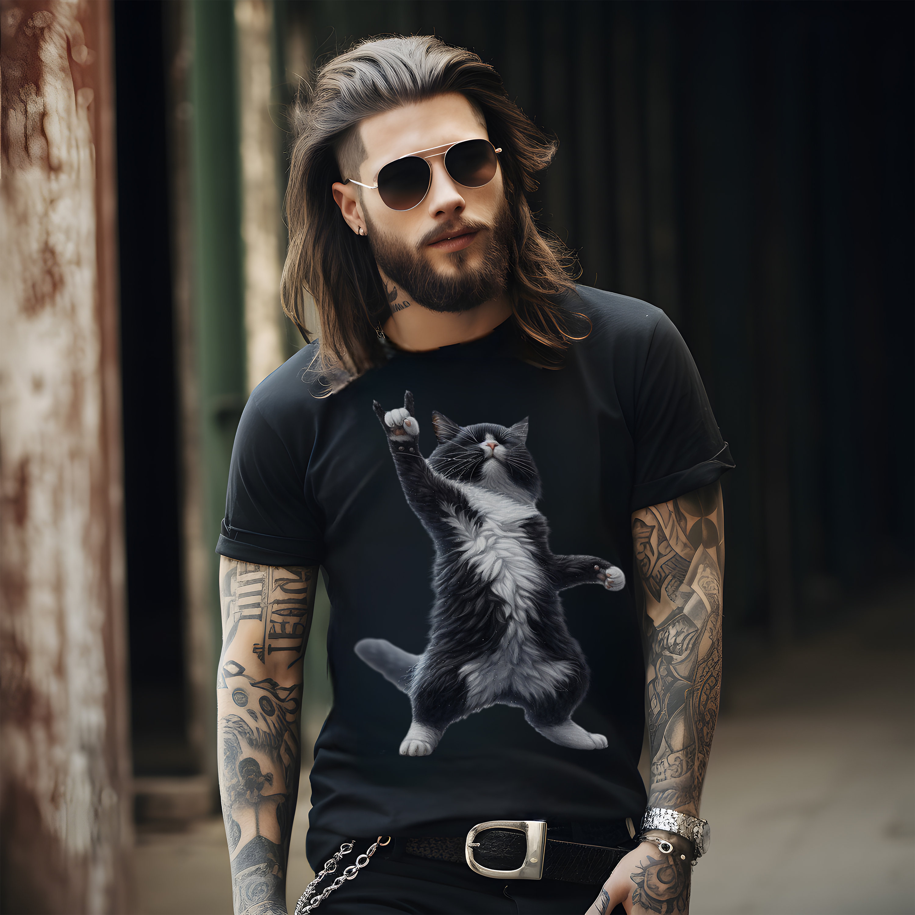 Metalhead Tuxedo Cat Showing Metal Horns Gesture, Funny Meme Cat T ...